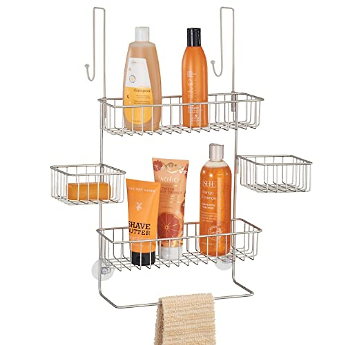 mDesign Steel Shower Caddy Hanging Shelf Rack Storage Organizer 4 Baskets, 2 Hooks for Bathroom, Dorm - Holds Shampoo, Conditioner, Soap Dispenser, Sponge - Klypon Collection - Matte Satin