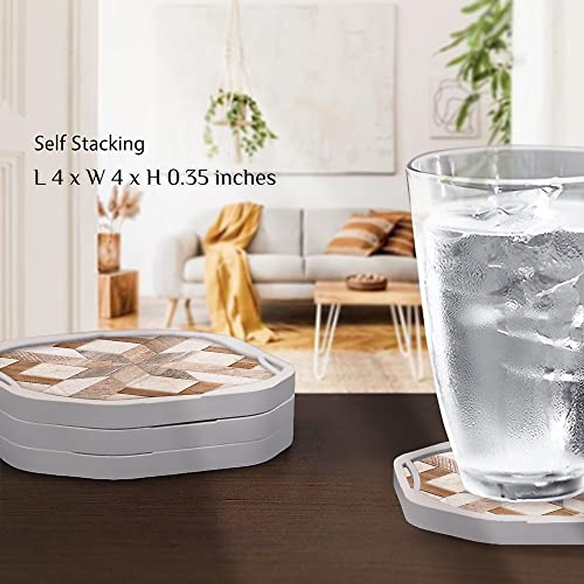 UMIRRO Absorbent Drink Coasters for Wooden Coffee Table Decor, Rustic Country Farmhouse Cup Coasters, Boho Tile Design, Brown, 4", Set of 4