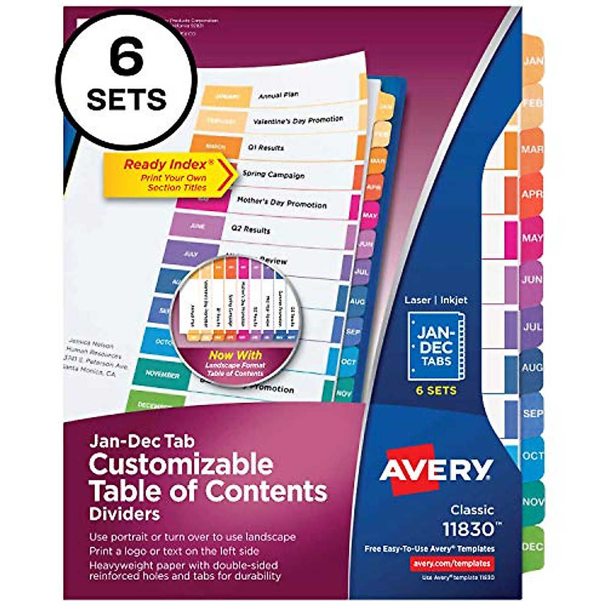 Avery Monthly Dividers for 3 Ring Binders, Customizable Table of Contents, Multicolor Tabs, 6 Sets (11830)