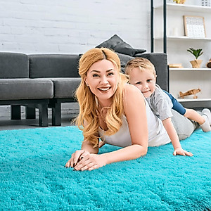 Merelax Soft Modern Indoor Large Shaggy Rug for Livingroom Bedroom Dorm Kids Room Home Decorative, Non-Slip Plush Fluffy Furry Fur Area Rugs Comfy Nursery Accent Floor Carpet 8x10 Feet, Teal Blue