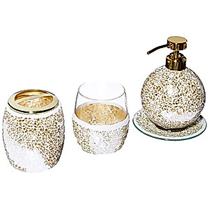 Madison Park Mosaic Bathroom Accessories Set , 4 Piece Bath Accessory Sets With Gold Soap Dispenser , Toothbrush Holder , Tumbler And Ring Tray