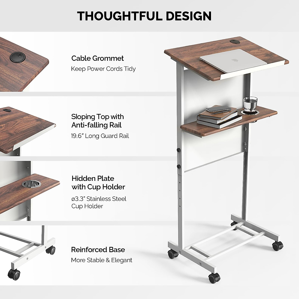 Bonnlo Mobile Stand Up Lectern Height Adjustable Podium with Wheels, Portable Heavy Duty Desk, Church Pulpit or Ceremony, Classroom Lecture Speech Teach Platform, Walnut Tabletop and White Steel Frame