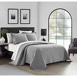 New York & Company Babe 3 Piece Cotton Quilt Set Geometric Floral Pattern Bedding - Pillow Shams Included, Queen, Grey