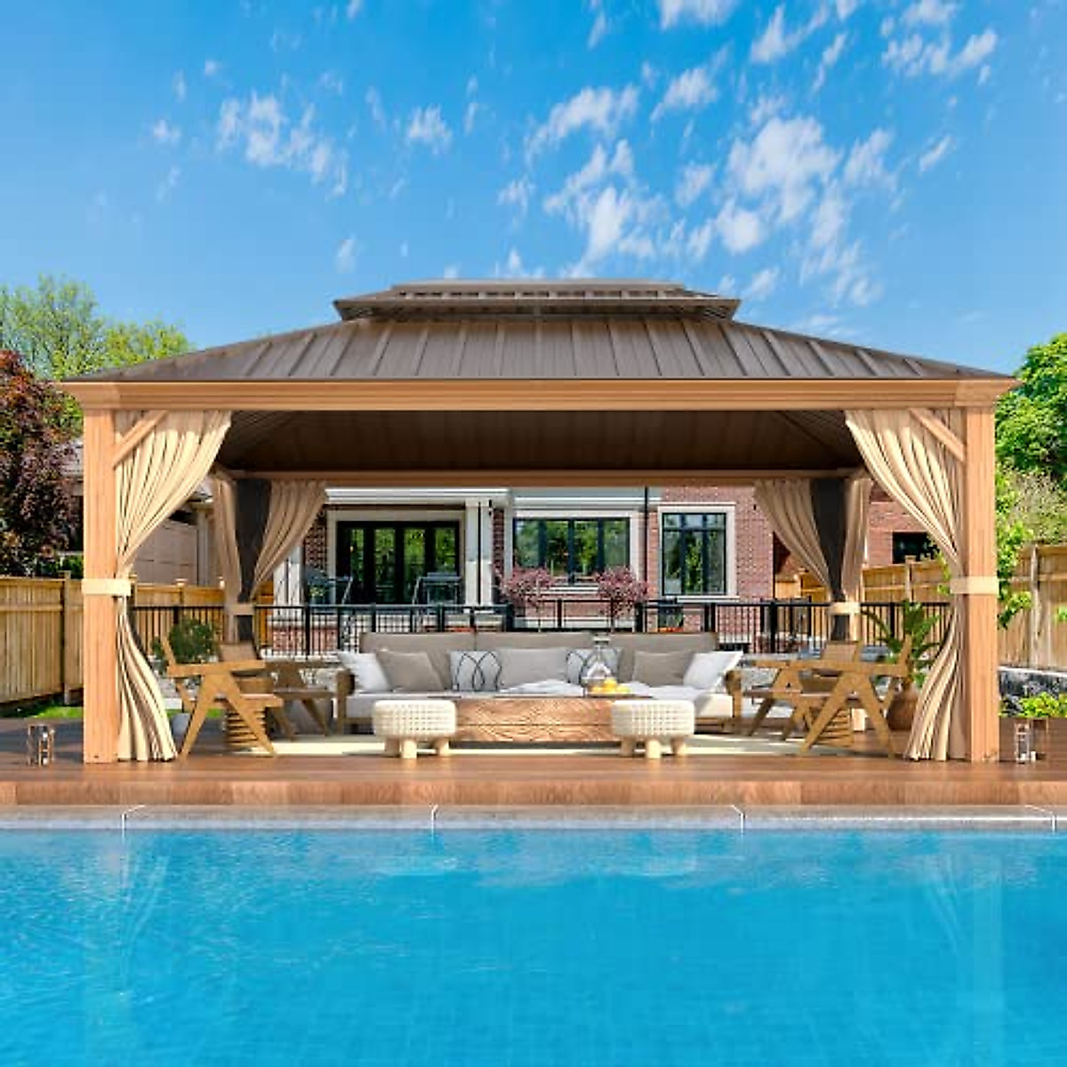 Erinnyees 12' x 16' Aluminum Wood Grain Hardtop Gazebo, Outdoor Aluminum Double Roof with Privacy Curtain and Mosquito Net for Patio, Lawn, Garden, Backyard(Wood Looking)