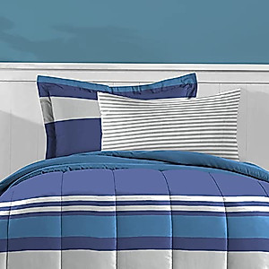 Dream Factory Kids 5-Piece Complete Bed Set Easy-Wash Super Soft Microfiber Comforter Bedding, Twin, Blue Rugby Stripe, (2D872701BL)