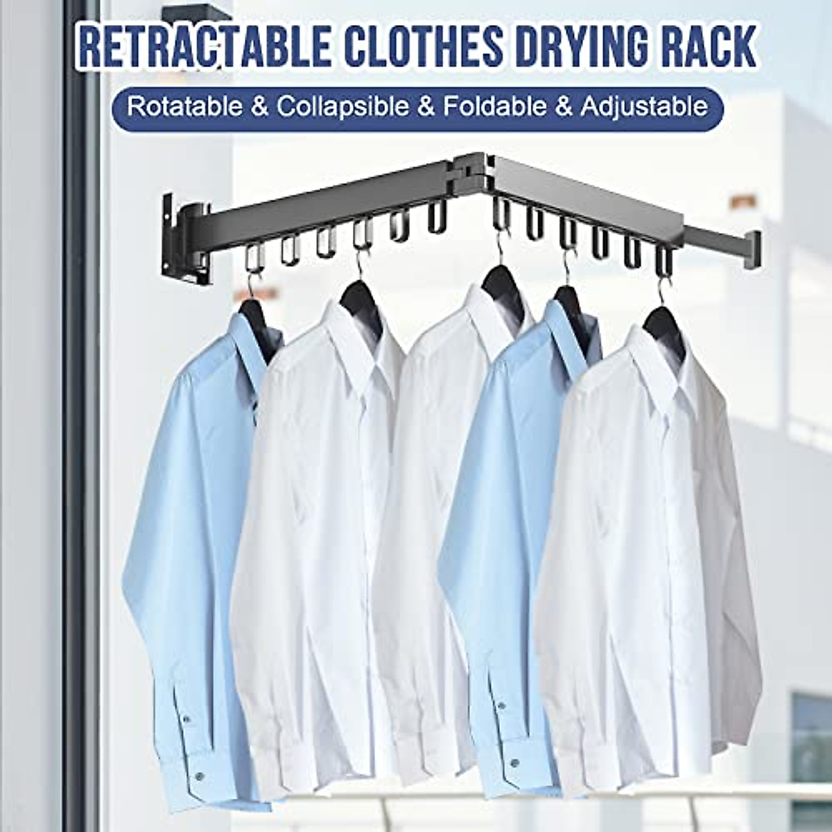MIFXIN Retractable Clothes Drying Rack Laundry Wall Mounted Two-Fold Drying Rack Collapsible Clothes Hanger Folding Clothing Rack for Laundry Balcony (Black)