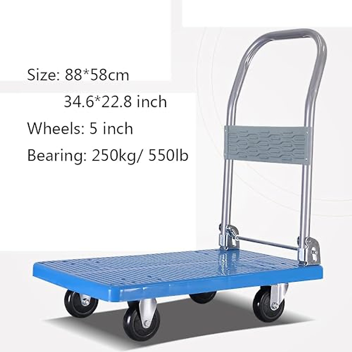 ELEFOCUS Flatbed Hand Cart Platform Truck Thicken Hand Cart with 360 Degree Swivel Wheels and Foldable Handle Silent (Size:88 * 58-550lb)