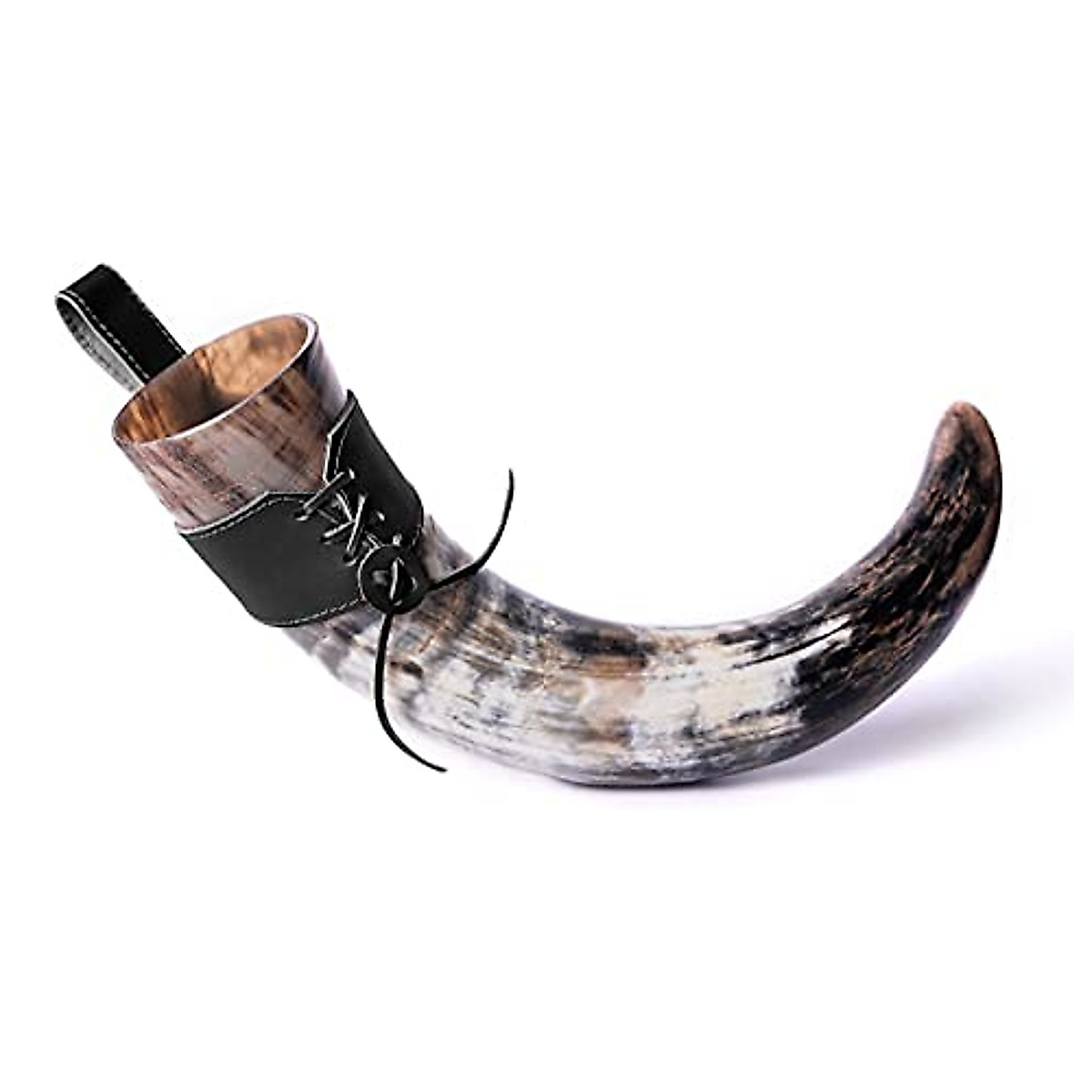Norse Tradesman 20" Authentic Ox-Horn Viking Drinking Horn with Genuine Black Leather Belt Holster | Burlap Gift Sack Included | The Journeyman, Low-Polish, 20-Inch