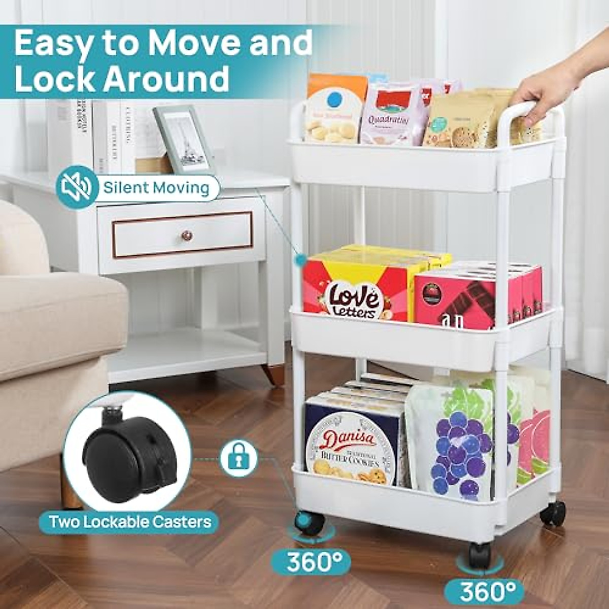 Vtopmart 3 Tier Rolling Cart with Wheels, Detachable Utility Storage Cart with Handle and Lockable Wheels, Storage Basket Organizer Shelves, Easy Assemble for Bathroom, Kitchen, White