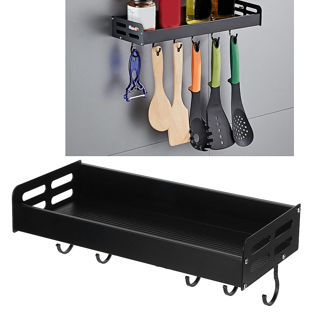 Hanging Pot Rack, Wall Mounted Pan Holder with 6 Hooks, Heavy Duty Dish Rack Cookware Organizer, Kitchen Storage Shelf for Utensils