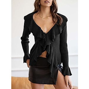 Goranbon Womens V Neck Sexy Sweaters Ruffle Long Sleeve Wrap Loose Sweater Fashion Drawstring Jumper Black