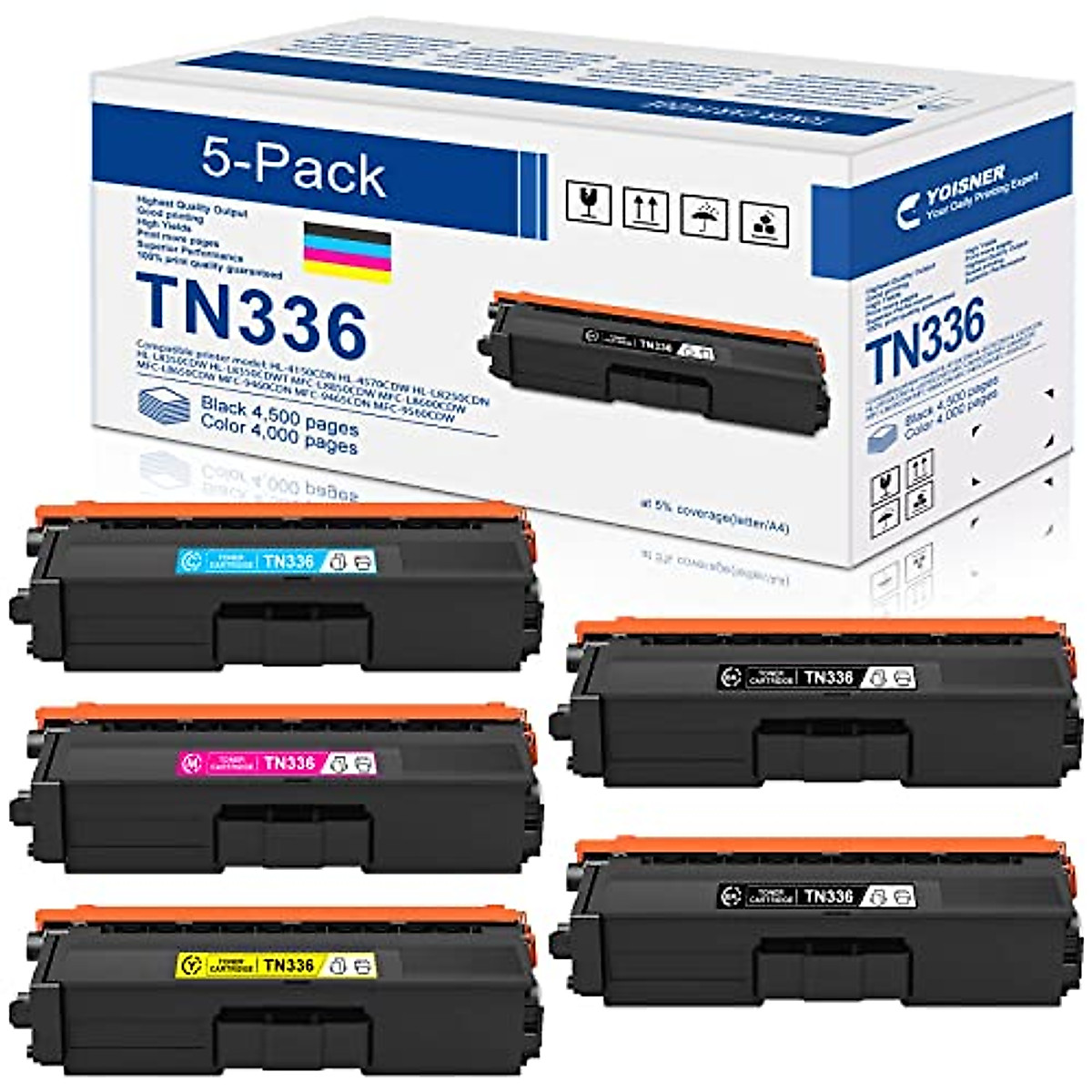 TN336 High Yield Toner Cartridge: 5-Pack TN336BK, TN336C, TN336M, TN336Y Replacement for Brother TN-336 for HL-L8350CDW HL-4150CDN MFC-L8850CDW MFC-9970CDW MFC-L8600CDW Printer