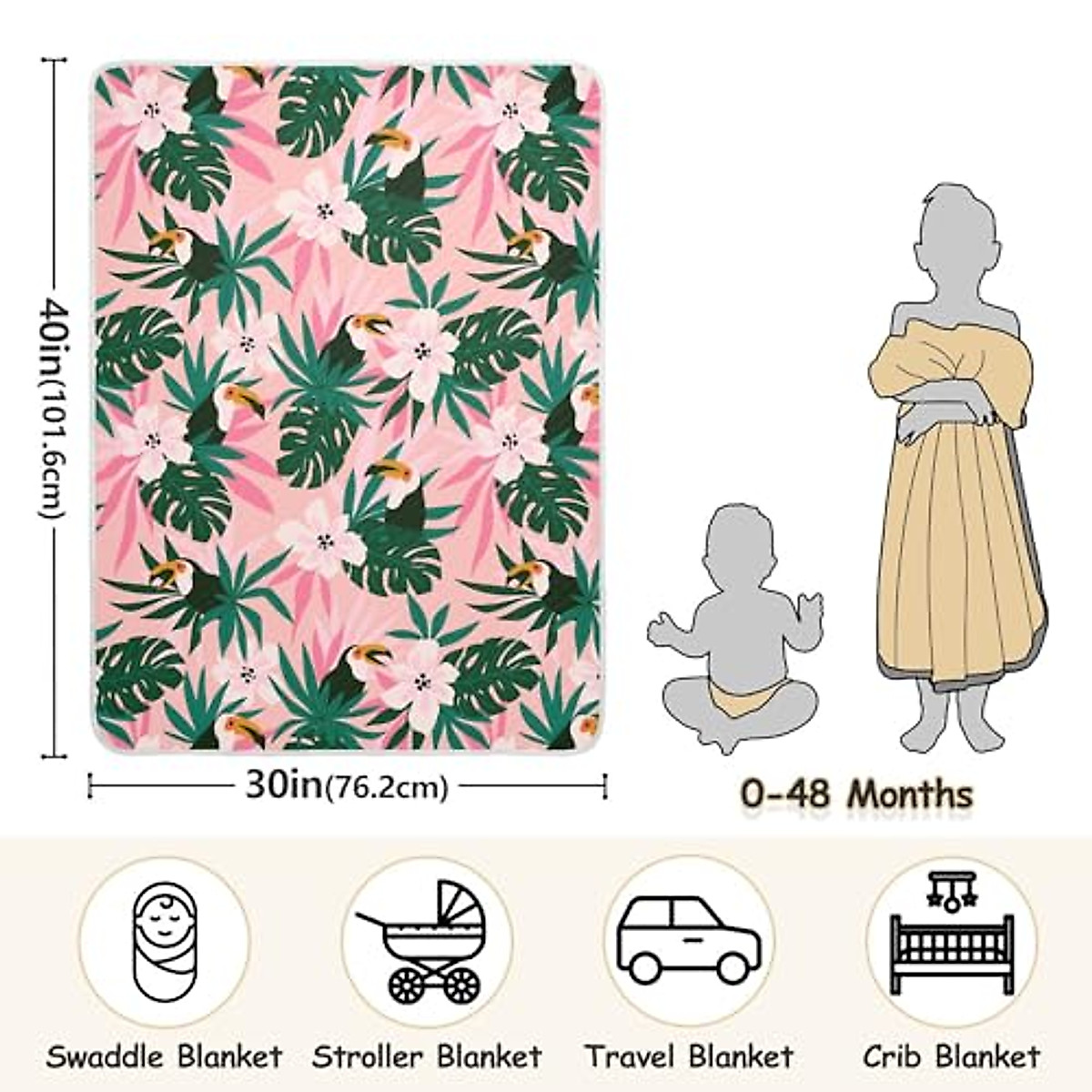 Coikll Tropical Birds and Palm Leaves Baby Blanket Cotton Cozy Throw Blanket Warm Nursery Swaddle Receiving Toddler Blankets 30" x 40