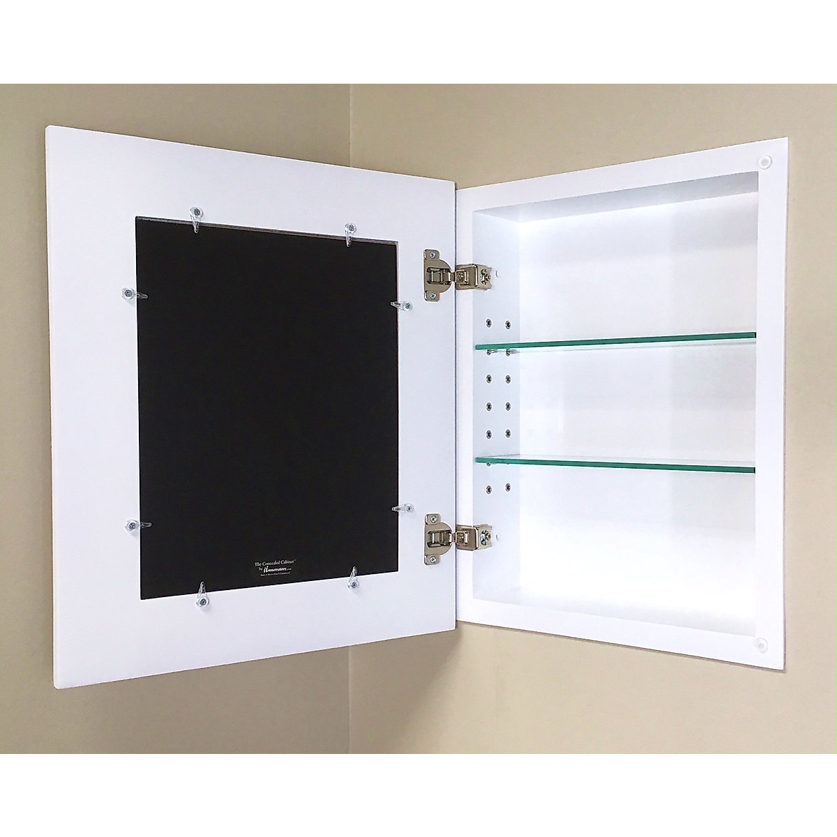 Fox Hollow Furnishings 14x18 Mirrored Medicine Cabinet - Concealed Wall Storage and Recessed Medicine Cabinet with Mirror, 2 Adjustable Shelves (Shaker White)