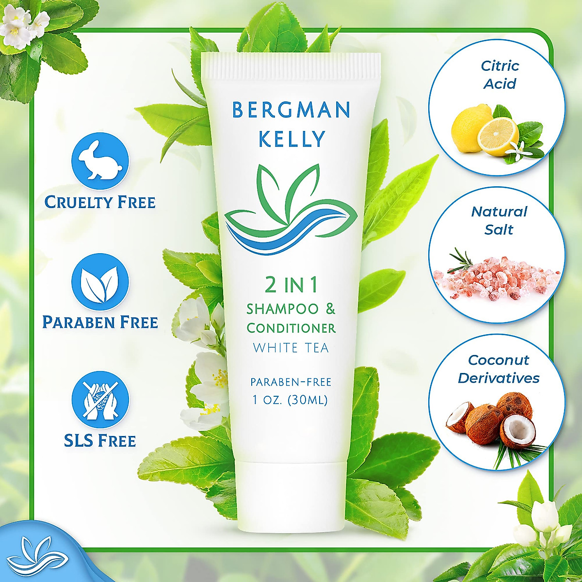 BERGMAN KELLY Round Soap Bars, 2in1 Shampoo & Conditioner, and Travel Size Lotion 3-Piece Set (White Tea, 1 oz ea, 75 pc), Revitalizing & Refreshing Sanitary Toiletries Hotel Amenities