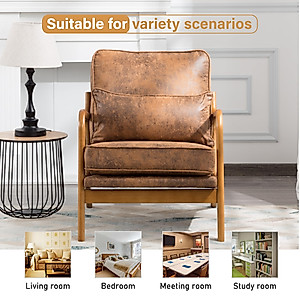 Hosnnile Accent Chair with Cushion, Mid-Century Modern Upholstered Single Reading Armchair with Hot-Stamping Cloth + Solid Wood Frame for Living Room, Bedroom, Lounge, Balcony (Brown)