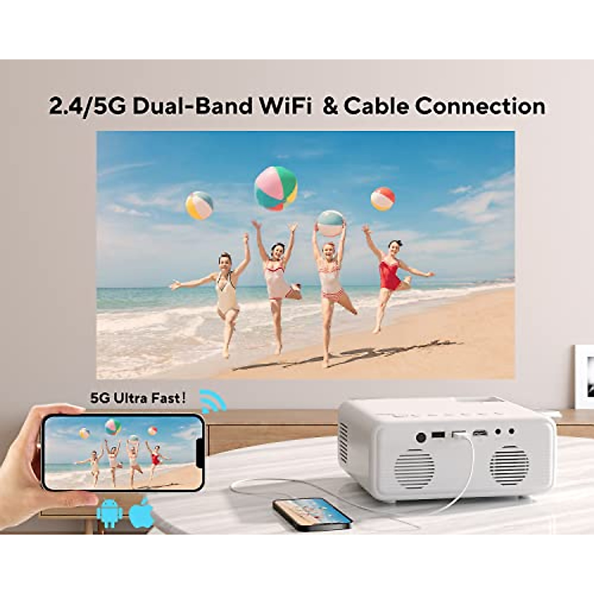 Native 1080P WiFi Projector, AKIYO 300'' Max Phone Projector Support iOS & Android, Portable Mini Movie Projector for Home and Outdoor, Support HDMI, USB, TV Stick, DVD, PS5, Carrying Case Included