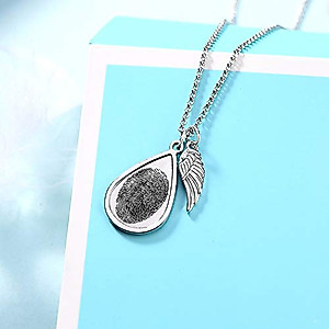 Custom Teardrop Fingerprint Necklace With Angel Wing Sterling Silver 925 Personalized Father Fingerprint Pendant Necklace Memorial Mother Day Anniversary Family Jewelry Gifts For Women Grandma