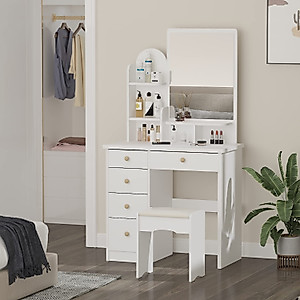 ECACAD Vanity Desk Set with Large Mirror, Makeup Vanity Dressing Table with 5 Drawers, Storage Shelves and Cushioned Stool for Bedroom, White