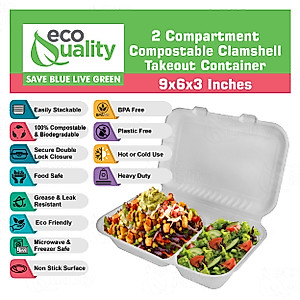 Compostable 2-Compartment Rectangular Hinged Clamshell Take Out Food Containers 9x6x3,Heavy Duty Quality Disposable to go Containers, Restaurants, Food Trucks (25)