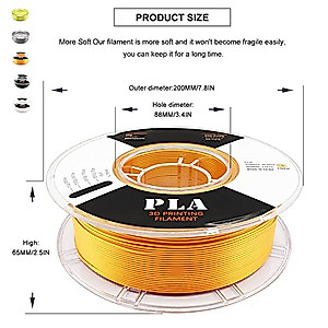 Set of 5 Silk PLA Filament Rolls - More Soft Less Fragile 1.75mm Diameter 2.2 LBS 3D Printing Filament Large Spool for 3D Printers (Black, White, Gold, Silver, Yellow Colors)