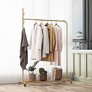Smlttel Metal Gold Clothes Rack for Hanging Clothes, Rolling Clothing Rack for Boutique Display, Gold Coat Rack Standing Garment Rack with Shelf, Industrial Pipe Rack, Heavy Duty Clothing Rack, Gold