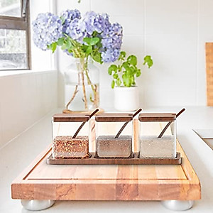 Essos Square Glass and Wood Condiment 3 pc Jars Set with spoon Tray Sugar Food Storage Containers with Wood Lids and Wooden Spoon for Coffee Spice Storage Container