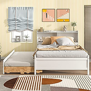 Bellemave Full Bed with Trundle & Storage Drawers Wood Captain's Bed Frame with Bookcase Headboard & Slat Support for Kids Boys Girls Teens, Full Size, White