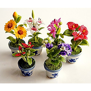 6 Miniatures Flower Garden Artificial Clay Pots Size s Scale 1:12