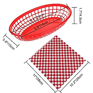 FEOOWV Retro Style Fast Food Basket (12Pk) and Checkered Deli Liner (100 Pk) Combo. Fast Food Basket Are Dishwasher Safe. Disposable Deli Paper Squares for Easy Cleanup (Red)