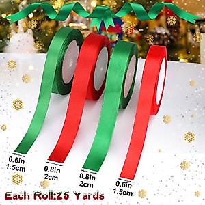 FEBSNOW 4 Rolls 100 Yards Christmas Ribbon, 0.6 Inch and 0.8 Inch Wide Holiday Red Green Satin Ribbons for Xmas Gifts Wrapping and Craft Decoration