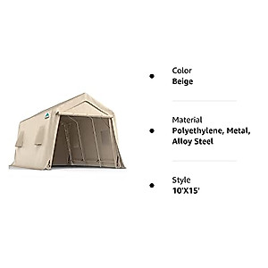 ADVANCE OUTDOOR 10X15 ft Garage Shelter Steel Metal Peak Roof Anti-Snow Portable Storage Shed Carports for Motorcycle Boat or Garden Tools with 2 Roll up Doors & Vents, Beige
