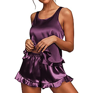 Ekouaer Silk Pajamas for Women Cute Pj Ruffled Sexy Nightwear Tank and Shorts Sleepwear Set Purple M