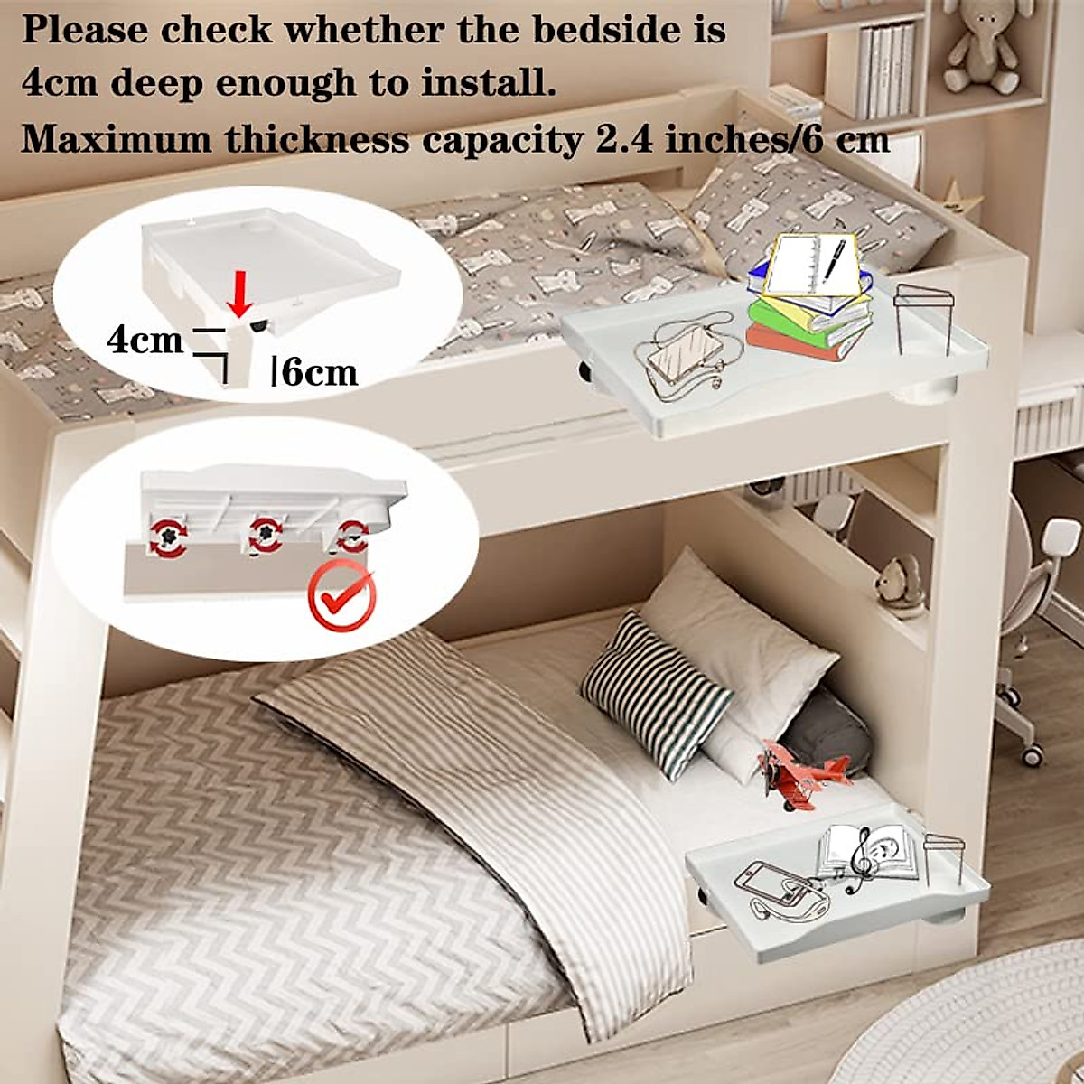 Bedside Shelf, Bunk Bed Shelf Organizer for Top Bunk Dorm Clip On Nightstand with Cup Holder Hooks Hanging Cup Plastic Bedside Shelf Tray for Kids for Bed College Dorm Room Essentials