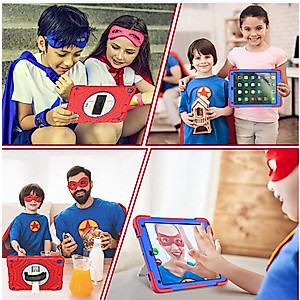 BMOUO Case for iPad 6th/5th Generation (9.7 inch, 2018/2017), with Screen Protector, 360 Rotating Stand & Hand & Shoulder Strap Kids Case for iPad 6th/5th Gen, Red