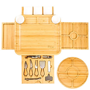 BEAUPLUS Cheese Board and Knife Set, Magnetic 4 Drawers Bamboo Charcuterie Boards, 15 x 13 x 2 Inch for Cheese, Meat and Fruit, Gift for Birthdays, Wedding Registry,Housewarming