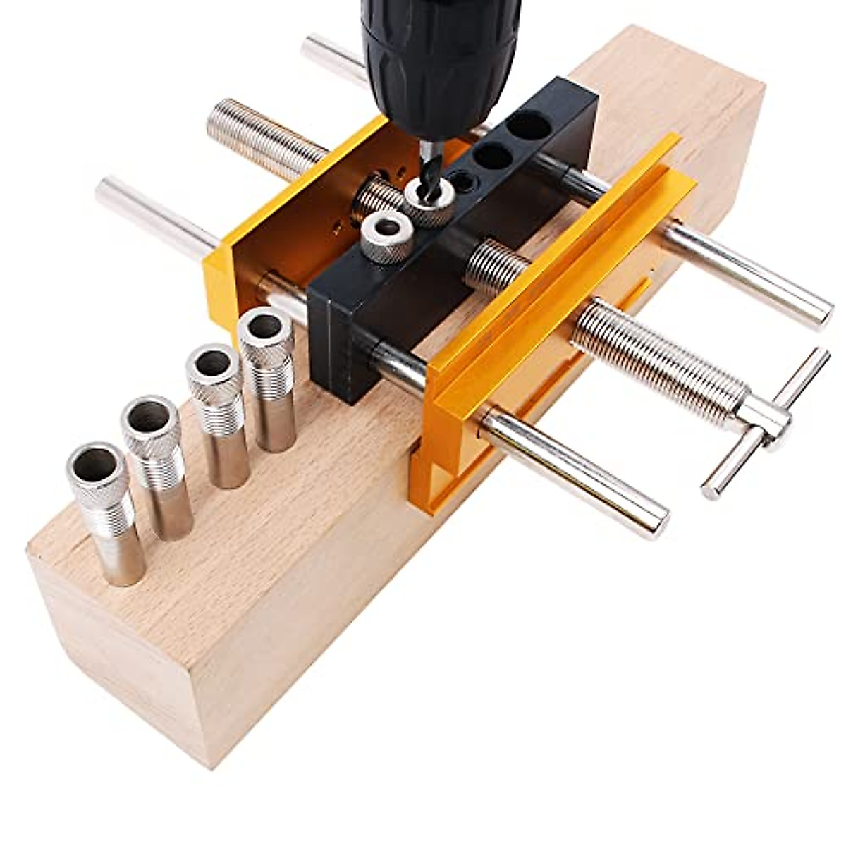AUTOTOOLHOME Self Centering Doweling Jig Plus 6 inch Widen Wood Dowel Jig Kit Drill Jig for Straight Holes 6 Drill Guide Bushings Set Woodworking Joints Tools