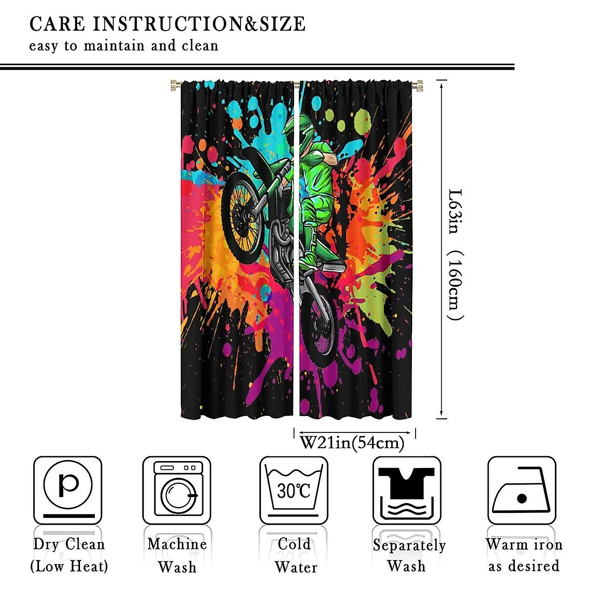 Motorcycle Curtains,Boys Bedroom Youth Children Watercolor Extreme Sports Motocross Printed Window Curtains 52x84in