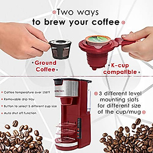 Mixpresso Single Serve 2 in 1 Coffee Brewer K-Cup Pods Compatible & Ground Coffee,Compact Coffee Maker Single Serve With 30 oz Detachable Reservoir, 5 Brew Size and Adjustable Drip Tray (Red)