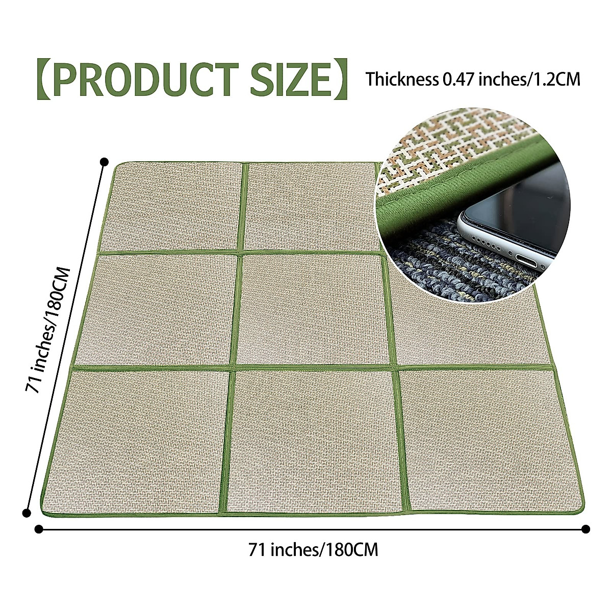 SHJADE Large Tatami Mat, 71'' x 71'' Futon Mattress, Foldable Rattan Floor Mats, Crawling Mats Living Room Bedroom Area Rug with Storage Bag(Green)