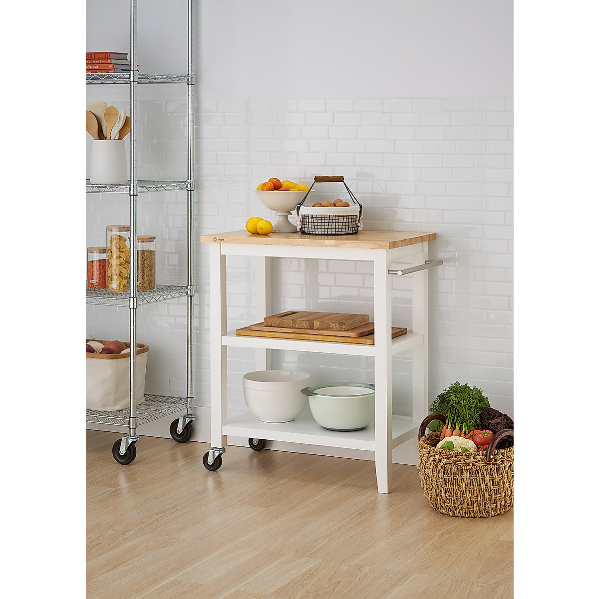 TRINITY 30-Inch Wood Kitchen Coffee Cart with Wheels, Two Shelves, and Rubberwood Work Surface for Kitchen Storage and Food Preparation, 30” W x 18” D x 35” H