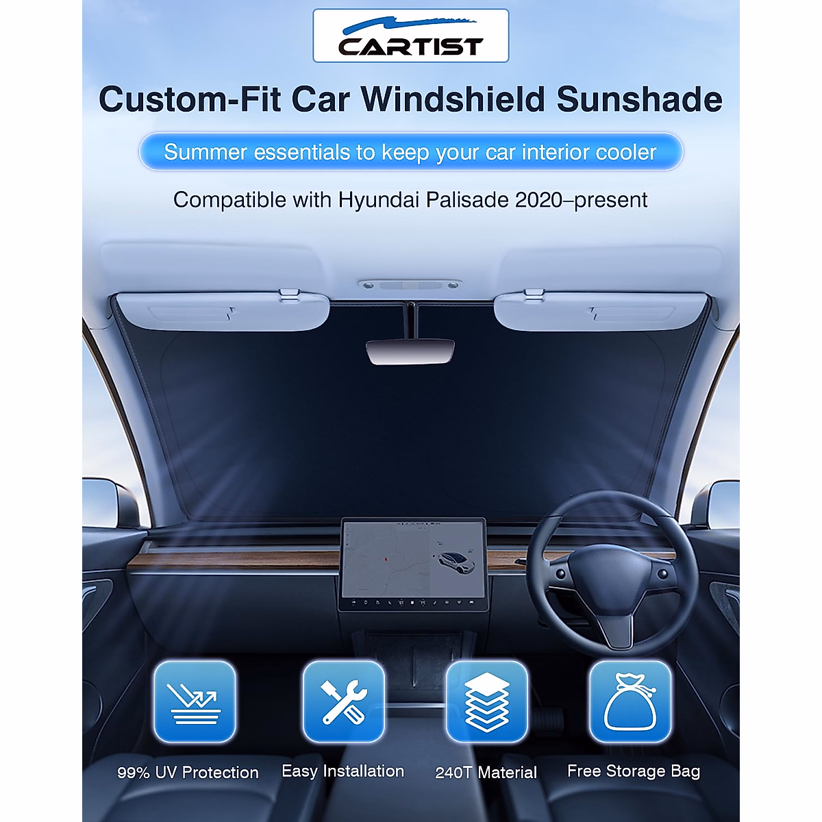 Cartist 5-Layer Windshield Sun Shade Custom Fit for Hyundai Palisade 2020-2024 2025 Accessories Foldable Car Front Window Sunshade Sun Visor Protector