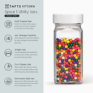 Tafts SQUARE Glass Spice Jars & Bottles l 33% Thicker - 12 Pcs Glass Spice - 3 oz or 4oz Empty Glass Spice Seasoning Containers l Shaker Lids and Airtight Caps l Aluminum Finish (Square, White)