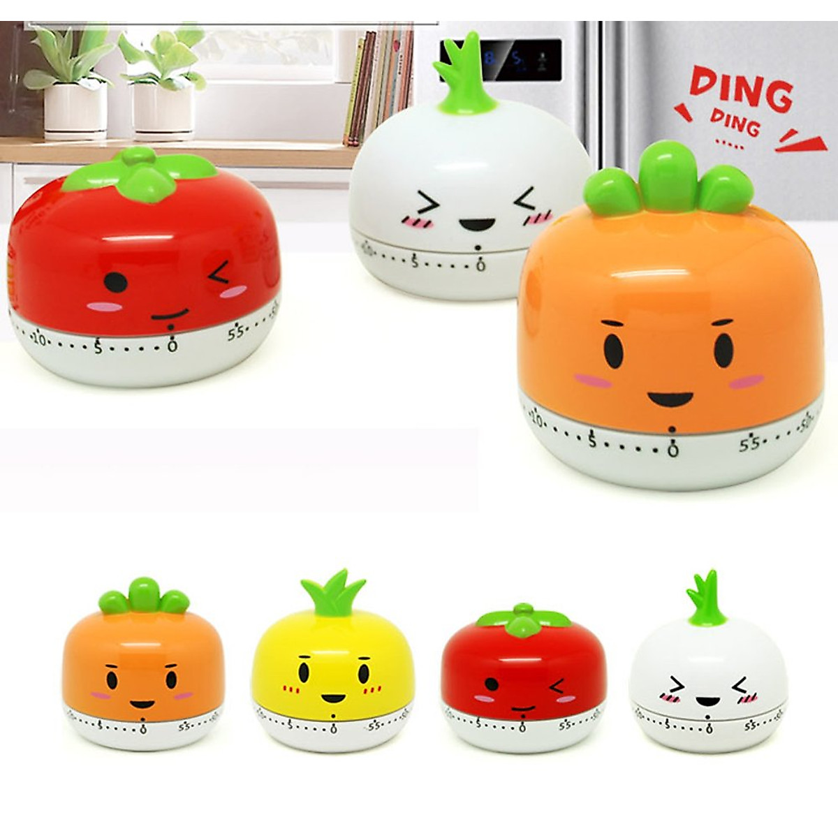 Golandstar Cute Cartoon Vegetables Timers 60 Minutes Mechanical Kitchen Cooking Timer Clock Loud Alarm Counters Mini Size Manual Timer (White - Onion)