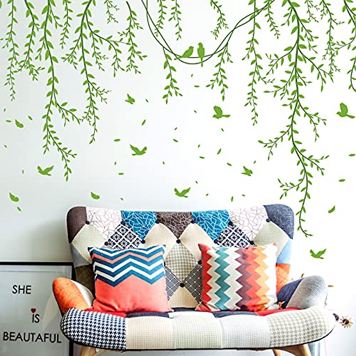 Amaonm Removable Hanging Vines Wall Stickers DIY Green Leaves Plant Grass Wall Decals Peel and Stick Flower Vine Decor for Kids Baby Girls Nursery Bedroom Living Room Offices Classroom (Green)