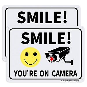 HISVISION 2 Pack Smile You're on Camera, Video Surveillance Sign, 10"x7" Rust Free Aluminum Metal Warning Sign UVresistance, Waterproof, Easy to Install for Home House and Business
