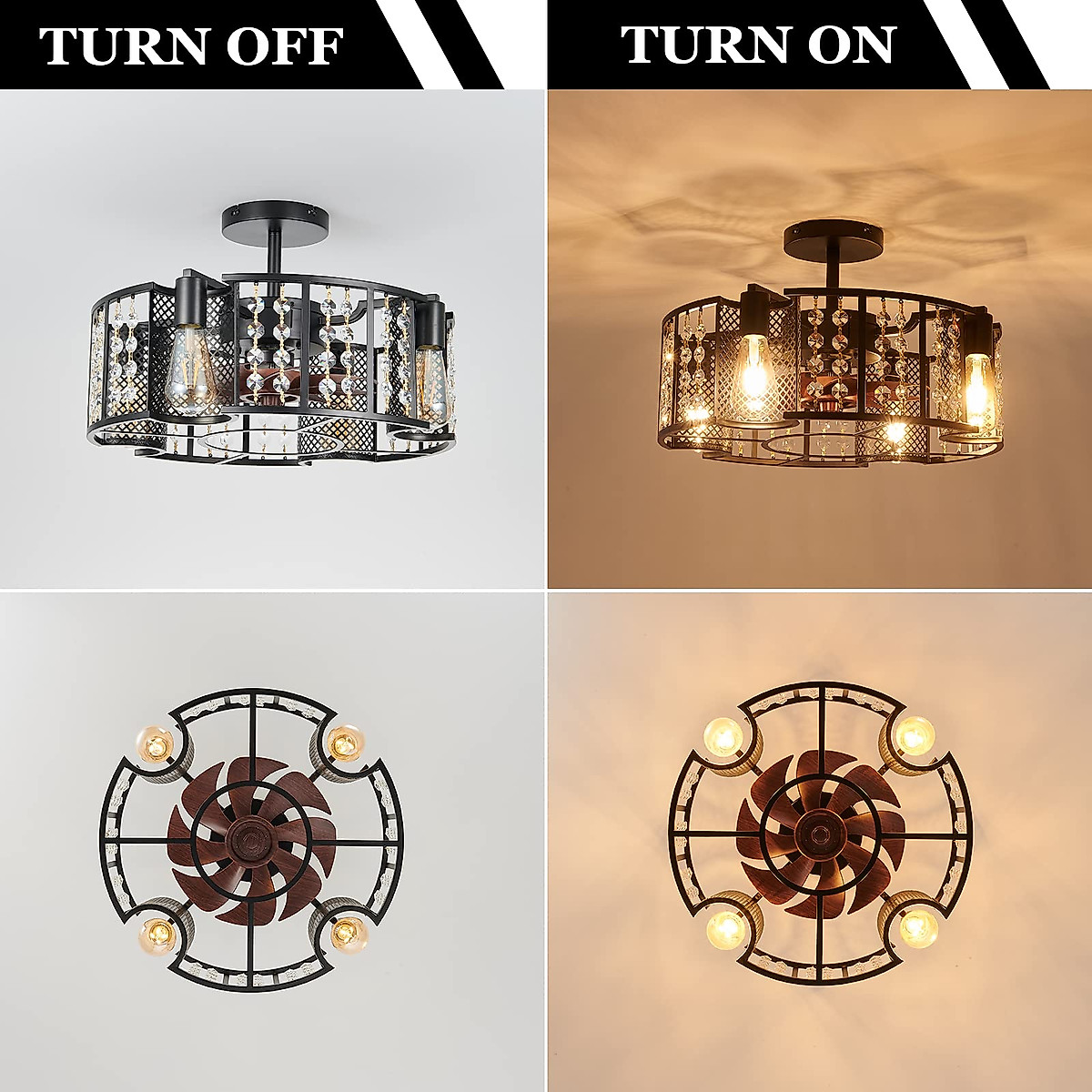 XuanDe Ceiling Fans with Lights and Remote, Vintage Caged Ceiling Fans Industrial Farmhouse Rustic Ceiling Fan Bladeless Enclosed Flush Mount for Hall, Living Room, Bedroom（Bulb x 6 Included）