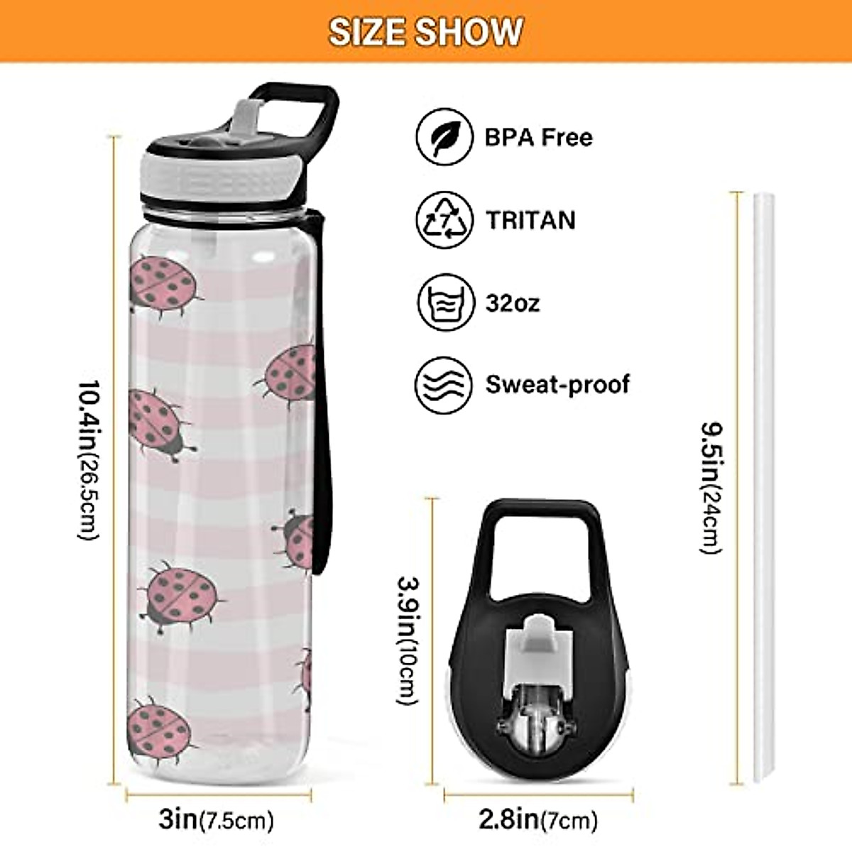 xigua Ladybug Water Bottle with Straw Lid,32 oz Leakproof Sport Water Bottle with Wide Handle for Gym,Cycling,School,Travel