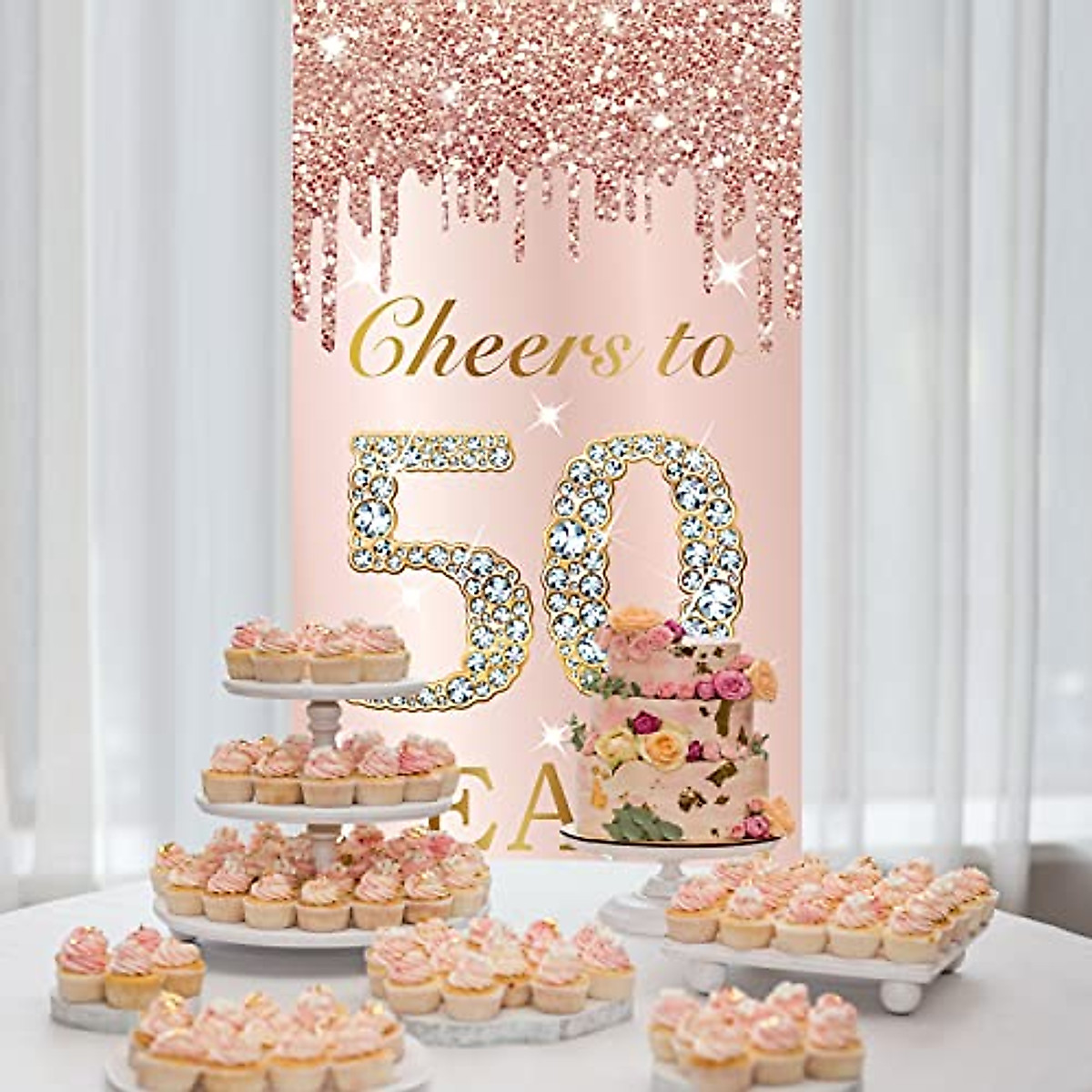 50th Birthday Door Banner Decorations for Women, Rose Gold Pink Cheers to 50 Years Birthday Door Cover Backdrop Party Supplies, 50 Year Old Birthday Poster Sign Photo Booth Props