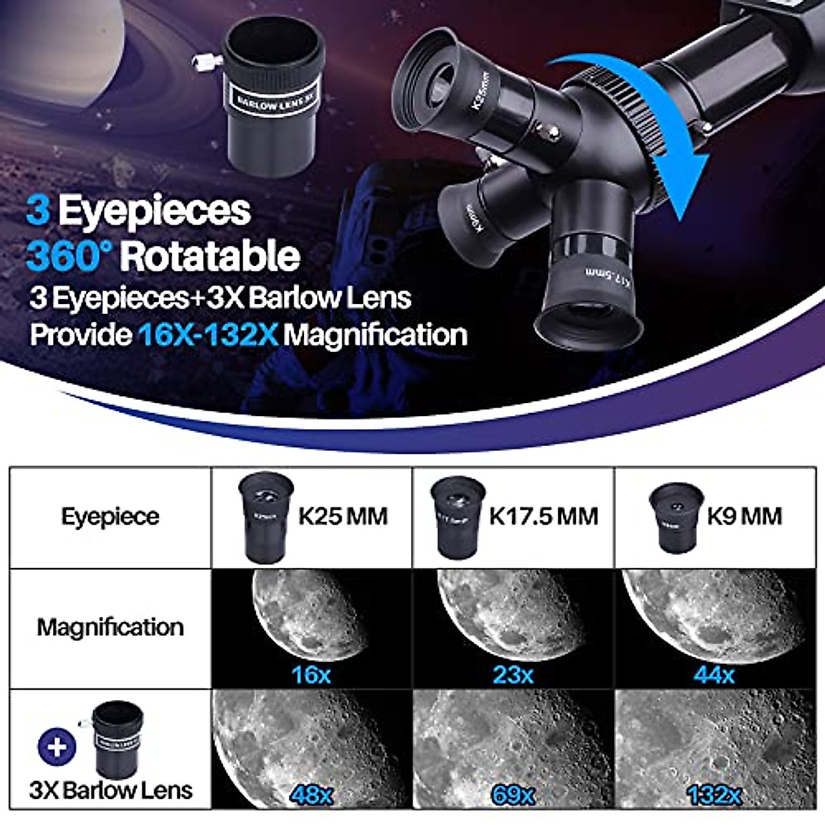 Telescopes for Adults Astronomy,70mm Aperture 400mm AZ Mount Telescope for Kids Beginners,Upgraded 3 Kellner Eyepieces,Refractor Telescope with Adjustable Tripod,Backpack and Phone Adapter